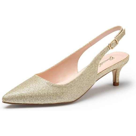 Genshuo Shoes Womens Gold Low Kitten Heel Slingback Ankle Strap